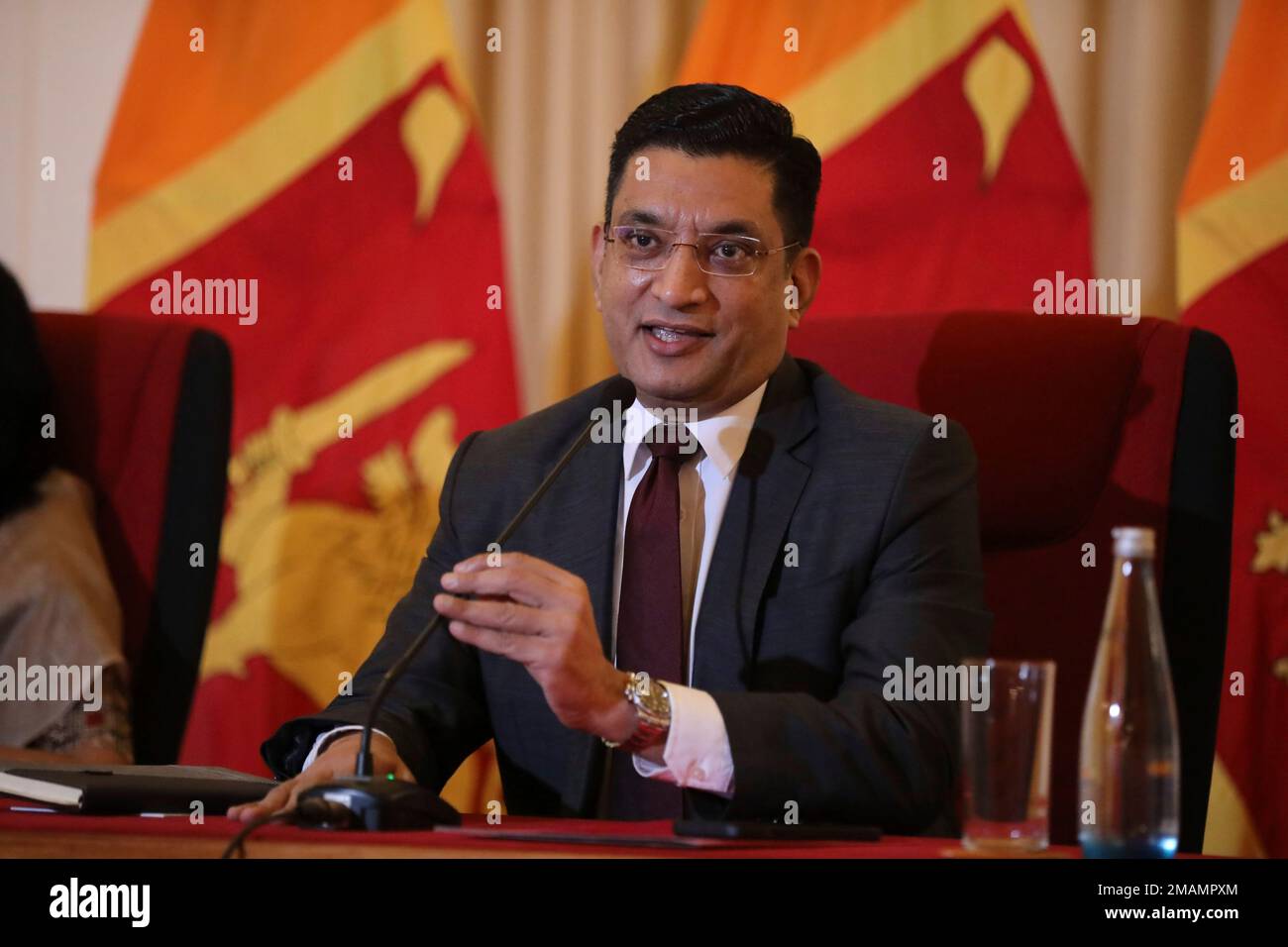 Foreign minister of Sri Lanka Ali Sabry gestures as he addresses media ...