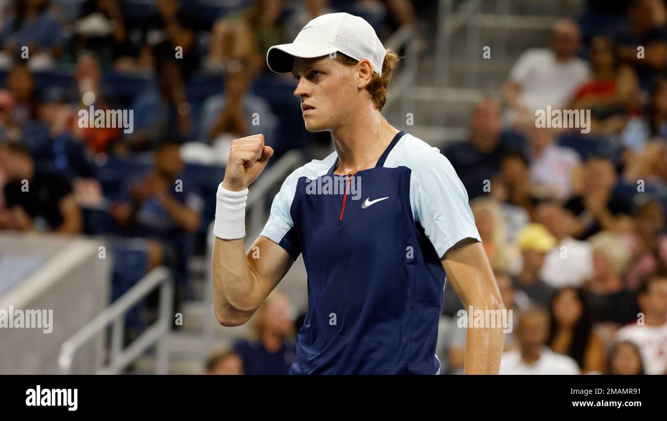 Jannik Sinner, of Italy, celebrates during his match against Brandon ...
