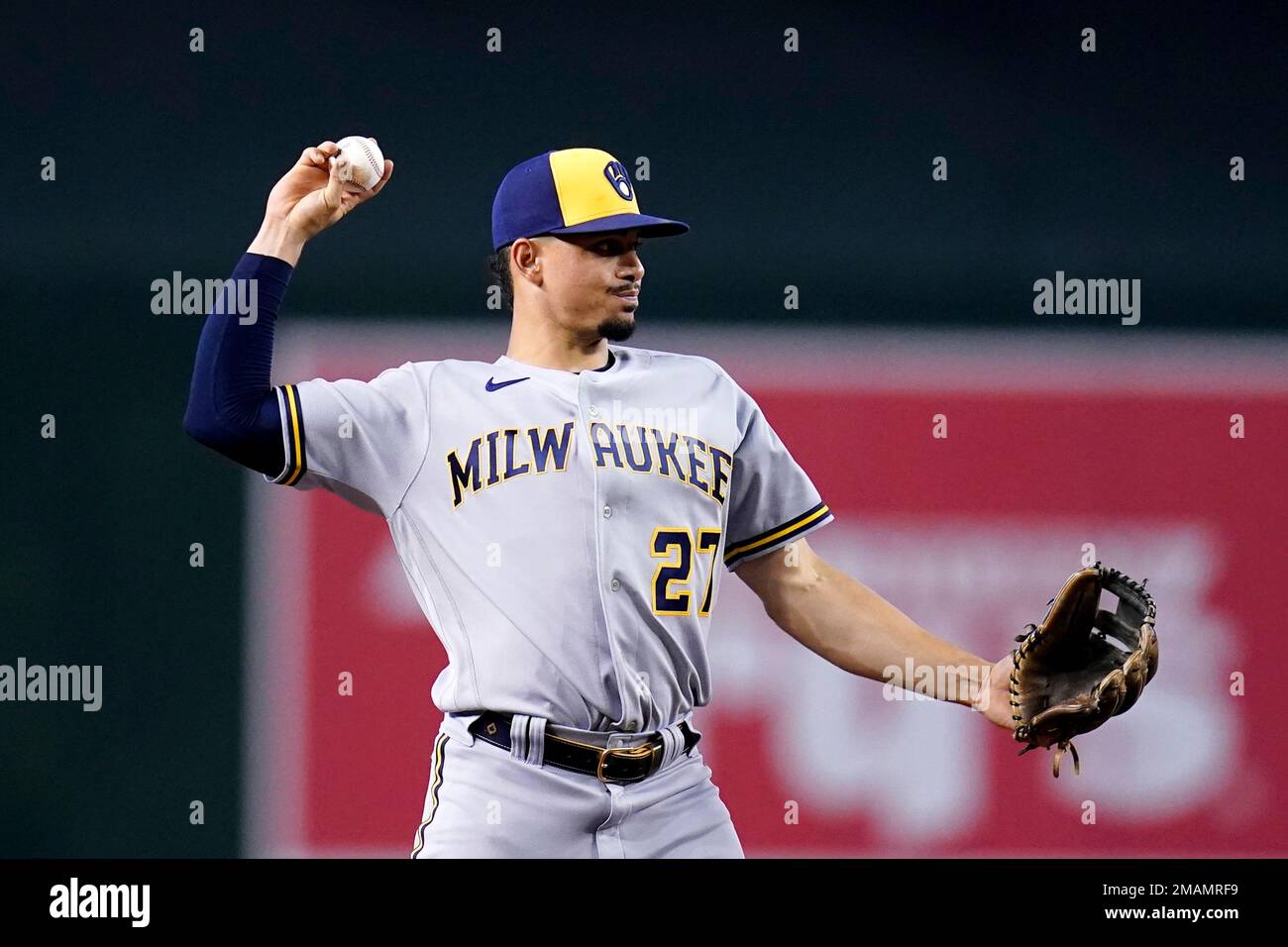Milwaukee Brewers shortstop Willy Adames warms up during the first ...