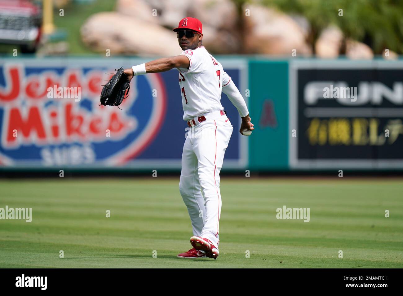 Los Angeles Angels' Jo Adell warms up before the team's baseball game ...