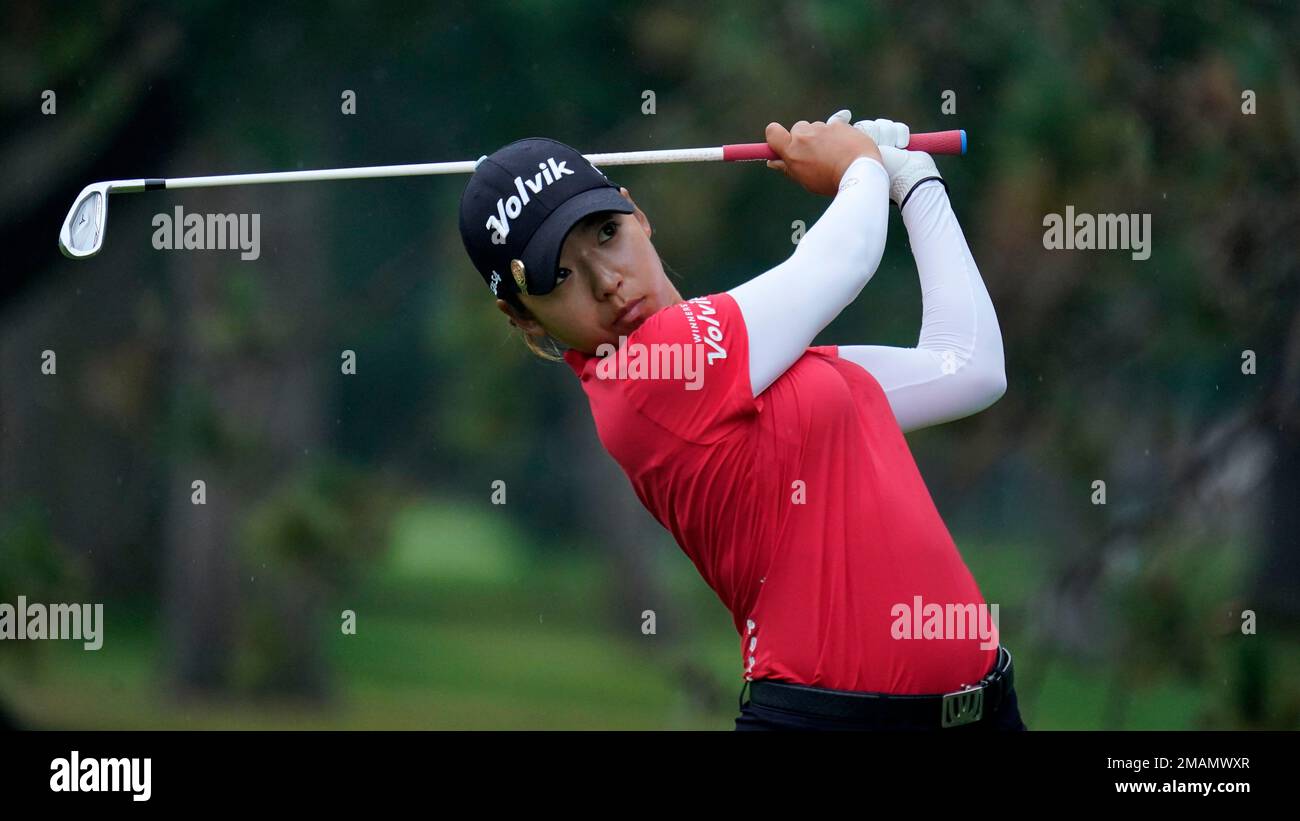 Mi Hyang Lee of South Korea follows through on her tee-shot on the ...
