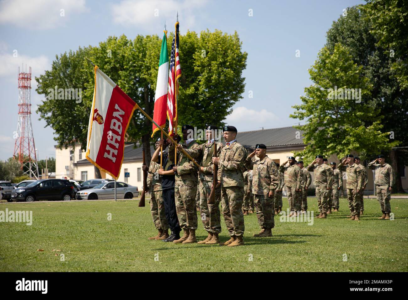Soldiers stand at attention for the playing of the Italian and American ...