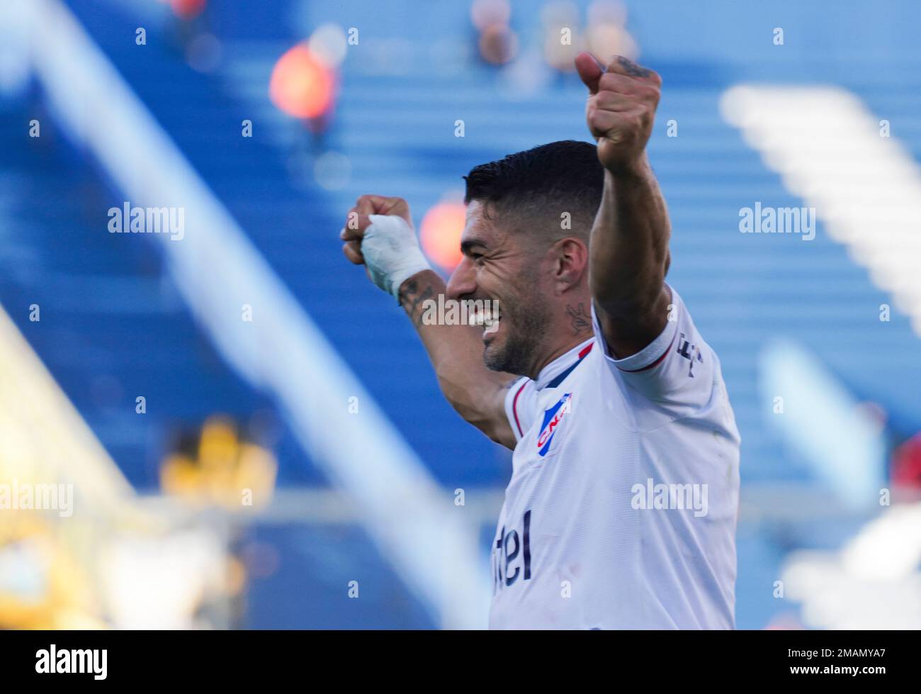 Nacionals´s Luis Suarez celebrates his team´s first goal during a local ...