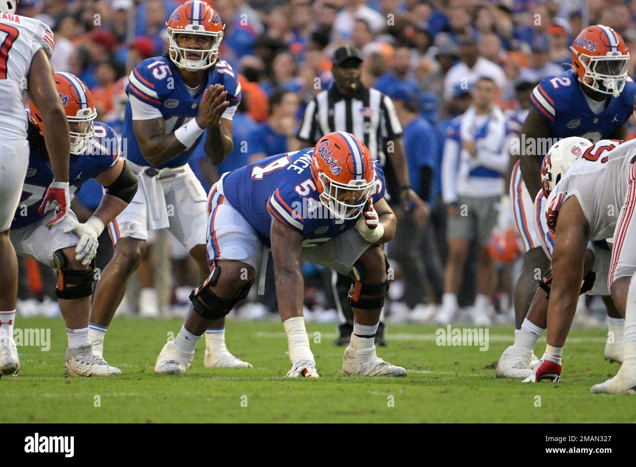 Florida offensive lineman O'Cyrus Torrence (54) sets up to block during ...