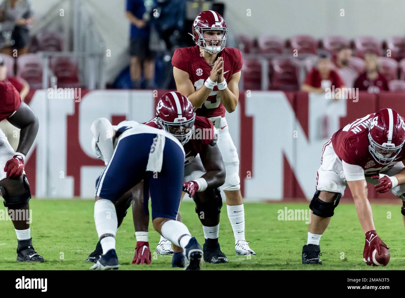 Alabama quarterback Ty Simpson (15) runs a play against Utah State ...