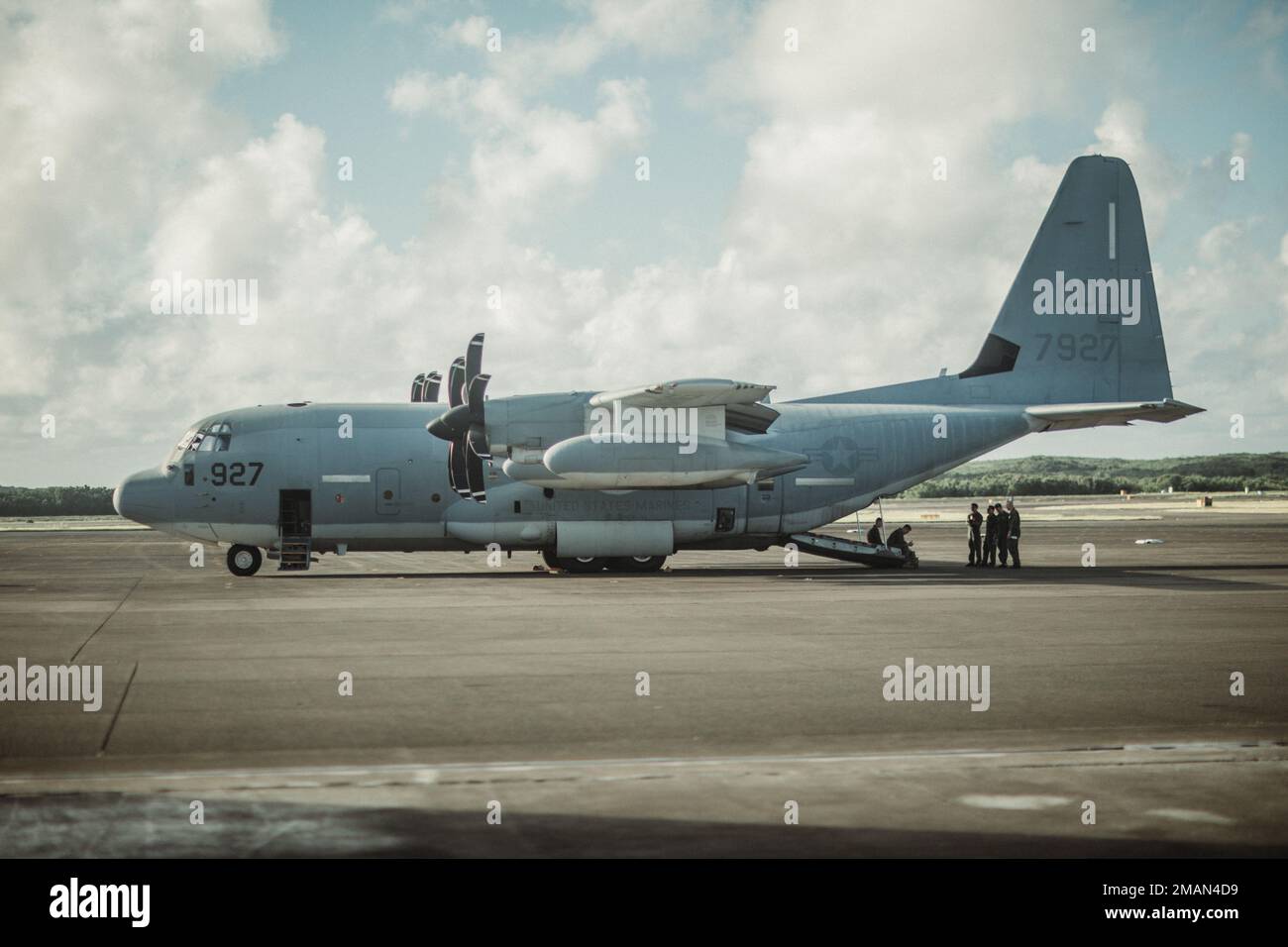 A U.S. Marine Corps KC-130J Hercules aircraft sits on the flightline at ...