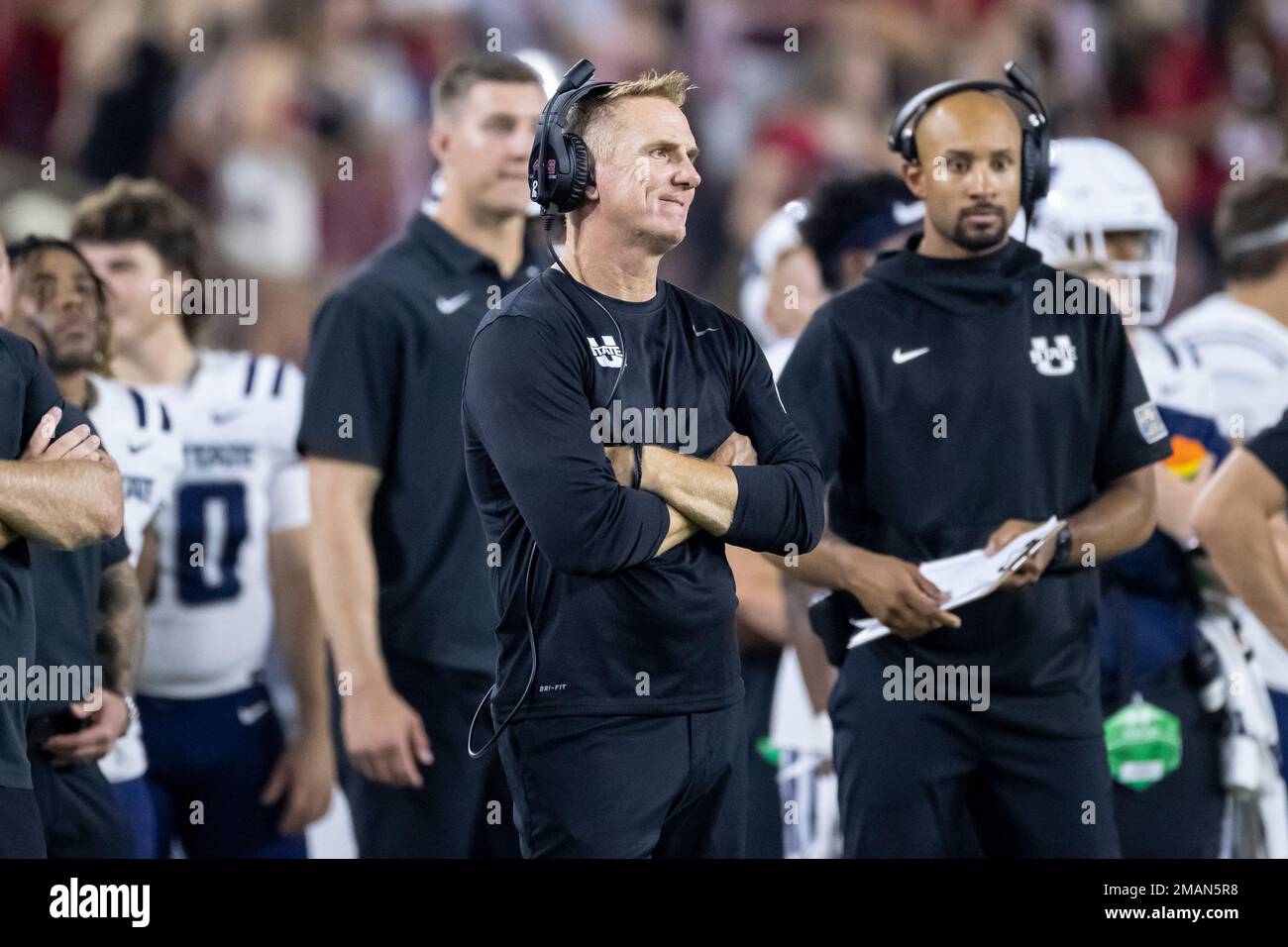 Utah State coach Blake Anderson reacts as Alabama pulls ahead during ...