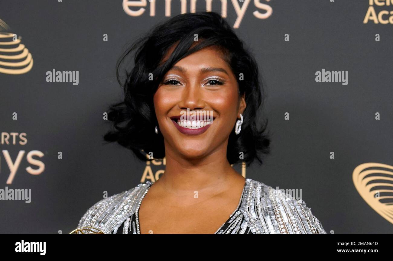 Simone Boseman poses in the press room with the award for outstanding ...