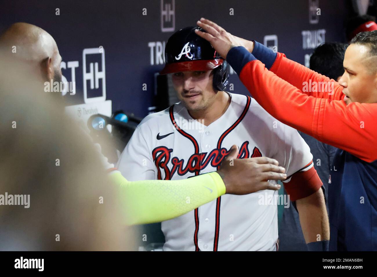 Atlanta Braves' Austin Riley is congratulated after hitting a solo home ...