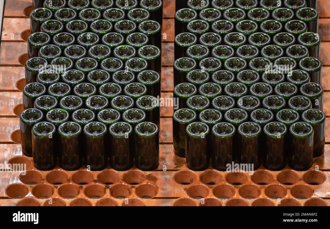 Production of cremant sparkling wine in Burgundy, France. Automatically ...