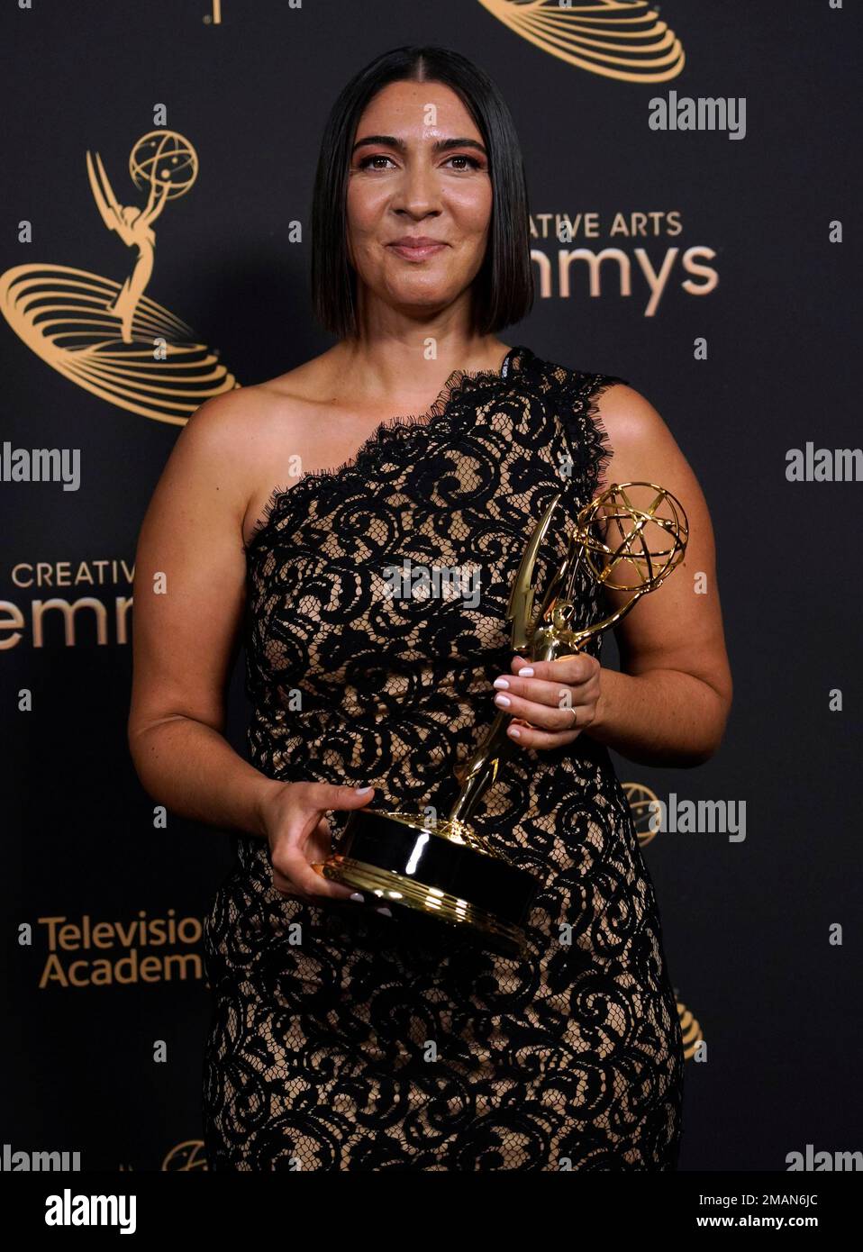 Bridget Stokes poses in the press room with the award for outstanding directing for a variety ...