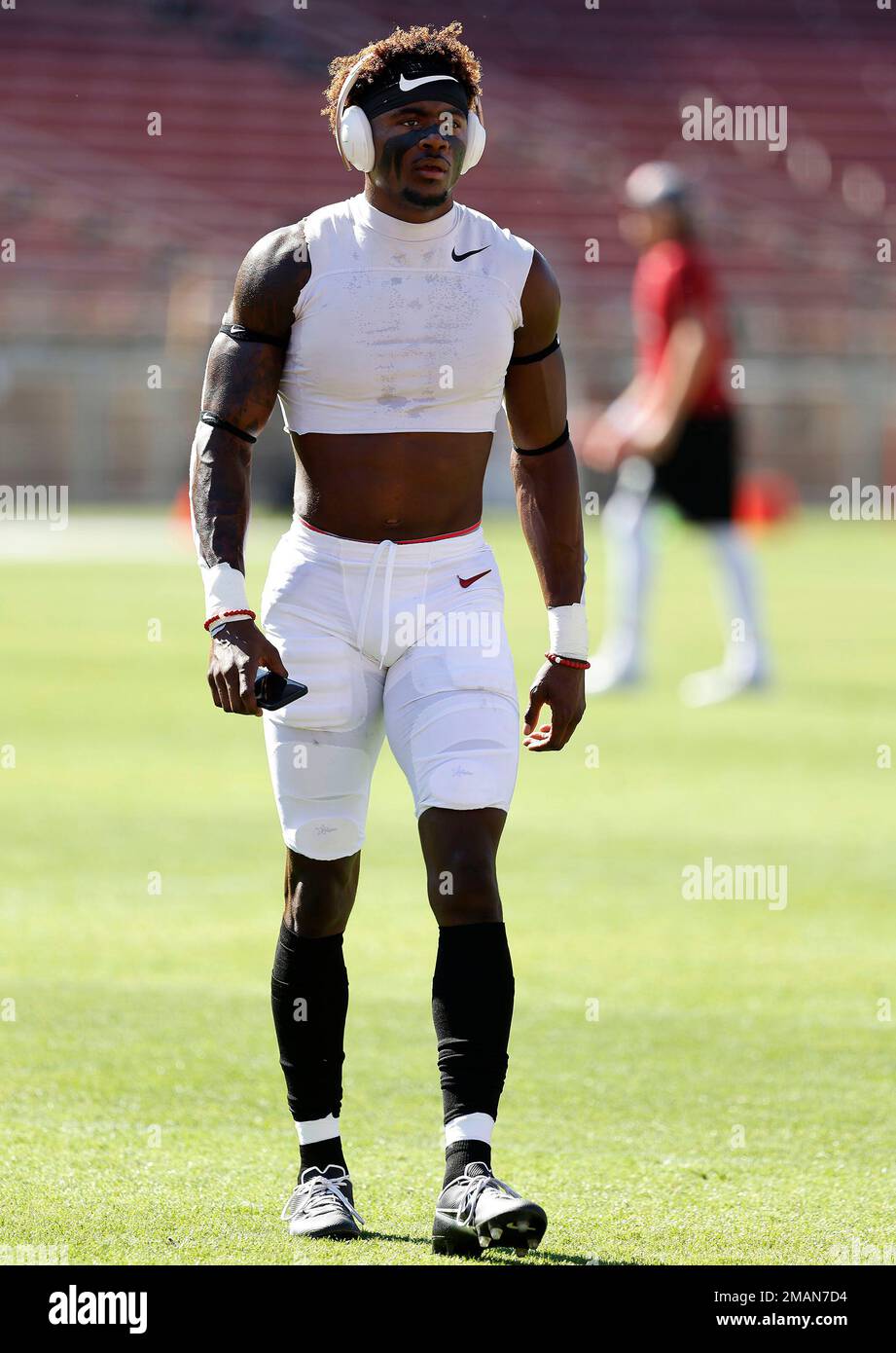 Stanford cornerback Kyu Blu Kelly walks on the field during warmups ...