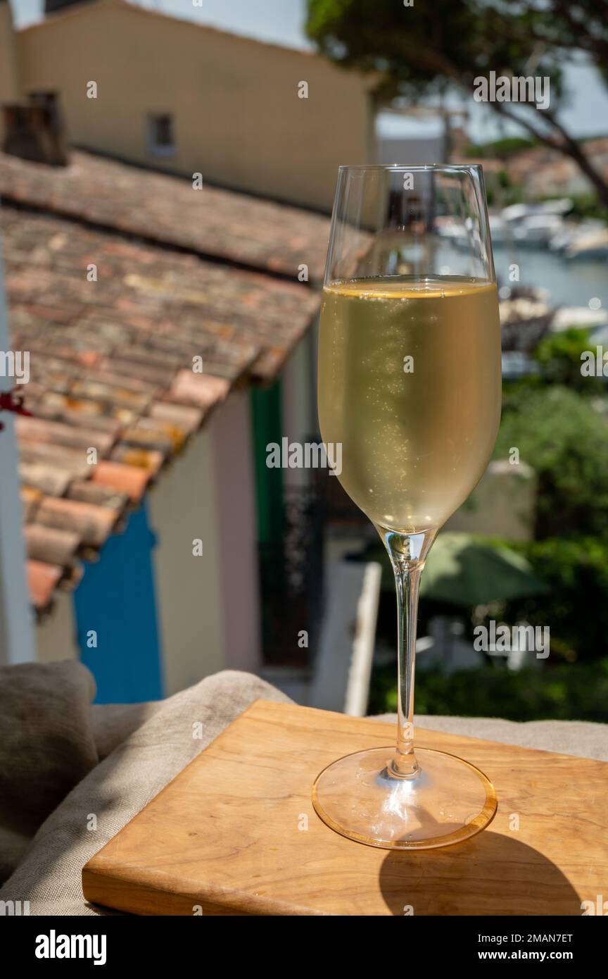 Summer party, drinking of French brut champagne sparkling wine in ...