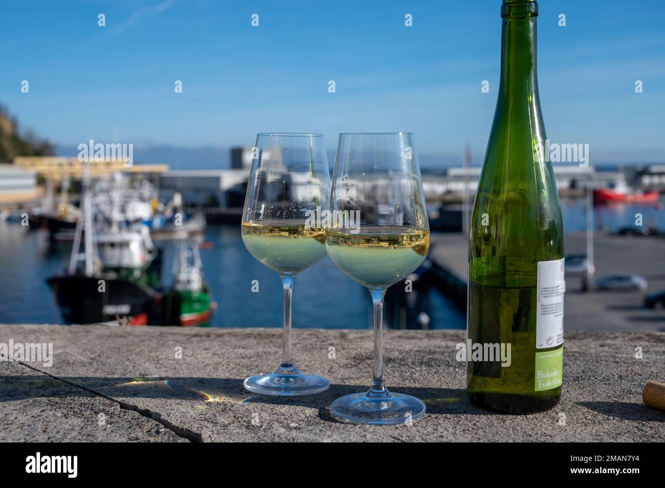 Tasting of txakoli or chacolí slightly sparkling very dry white wine ...