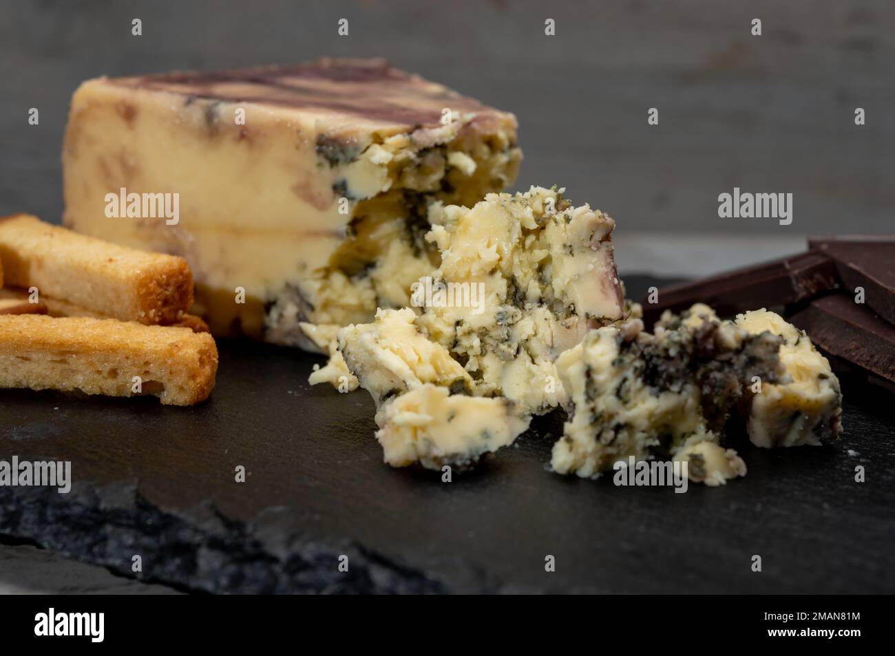 Cheese collection, blue stilton English cheese matured in red porto ...