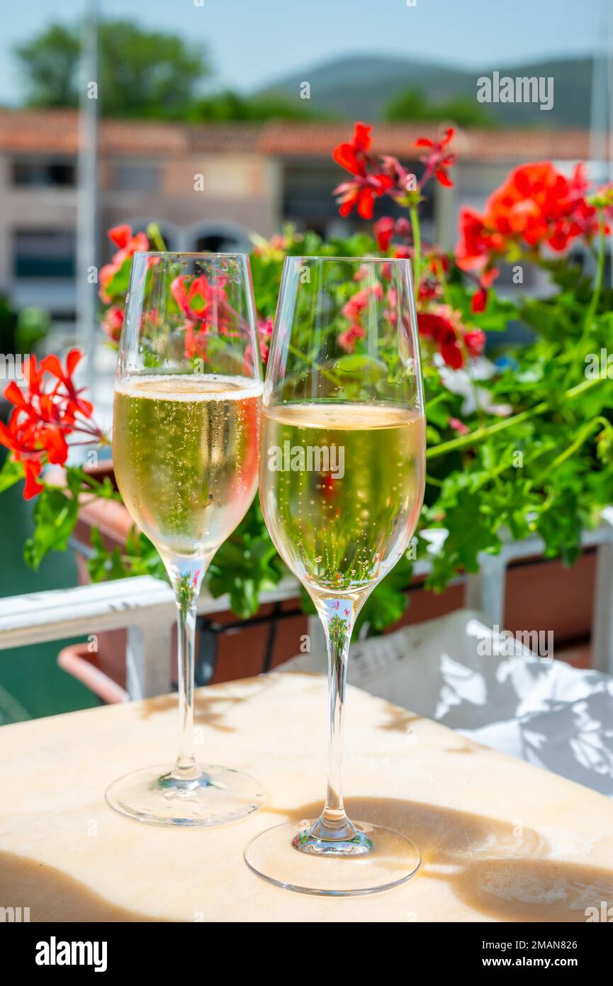 New year party, drinking of French brut champagne sparkling wine in ...