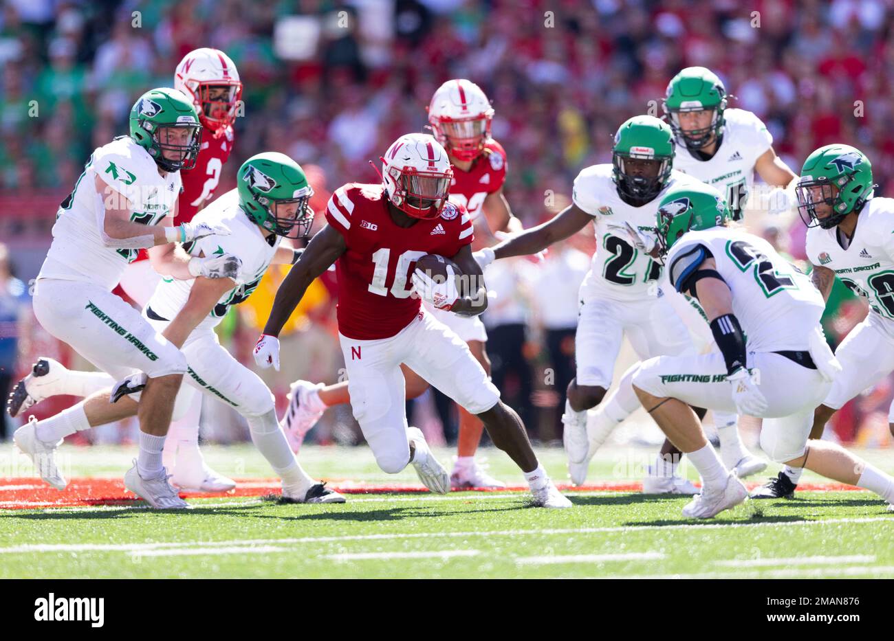 Nebraska's Anthony Grant (10) rushes against North Dakota during the ...