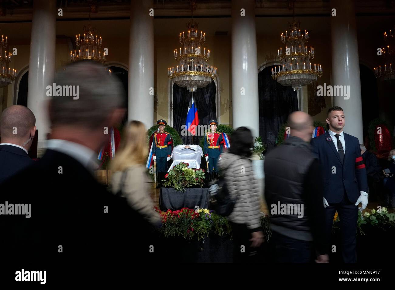 People walk past the coffin of former Soviet President Mikhail ...