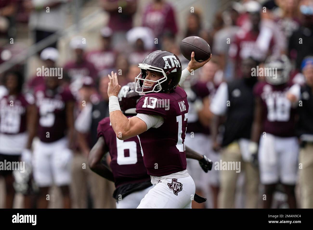 Texas A&M quarterback Haynes King (13) throws a pass against Sam ...