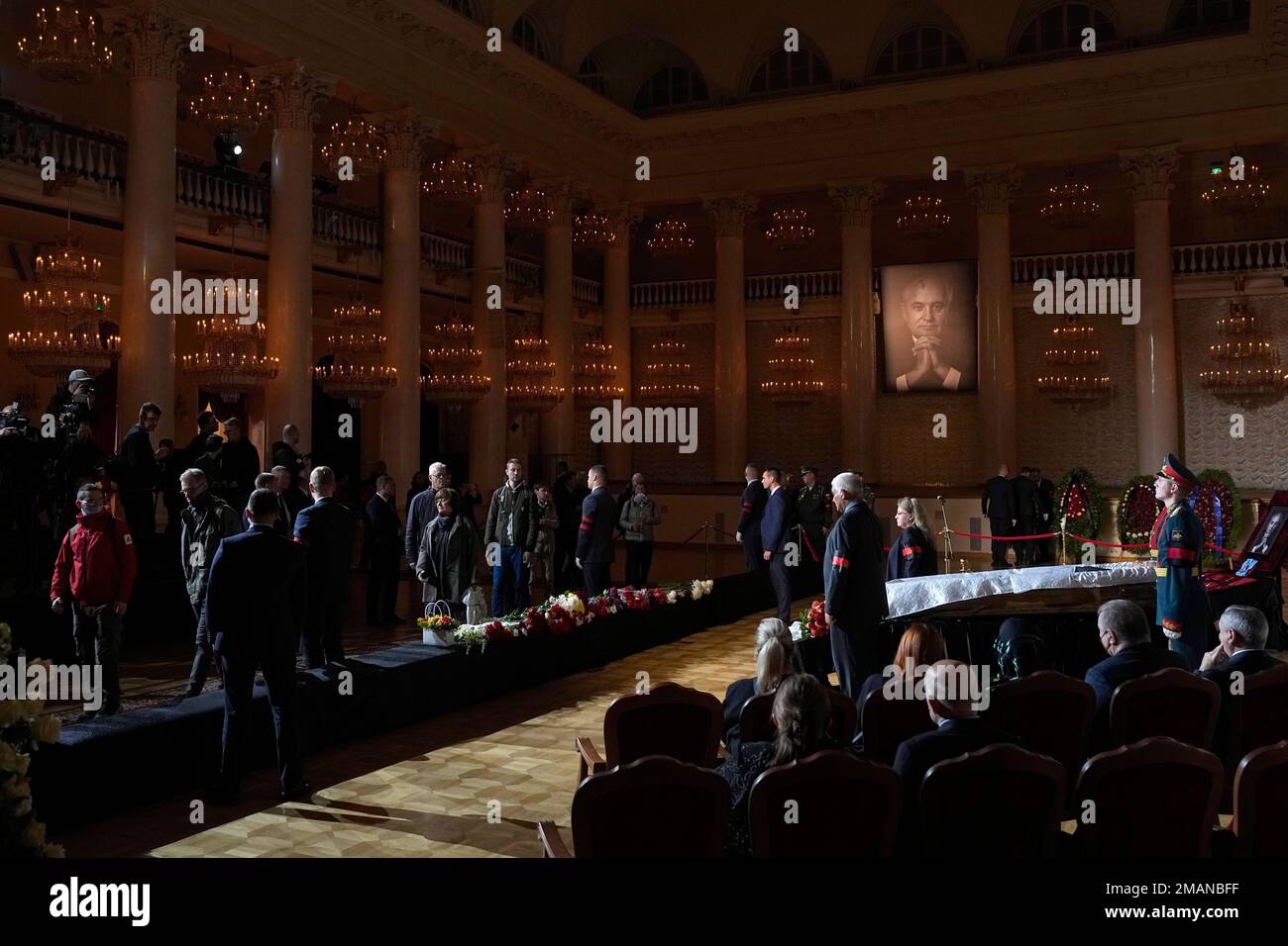 People walk past the coffin of former Soviet President Mikhail ...