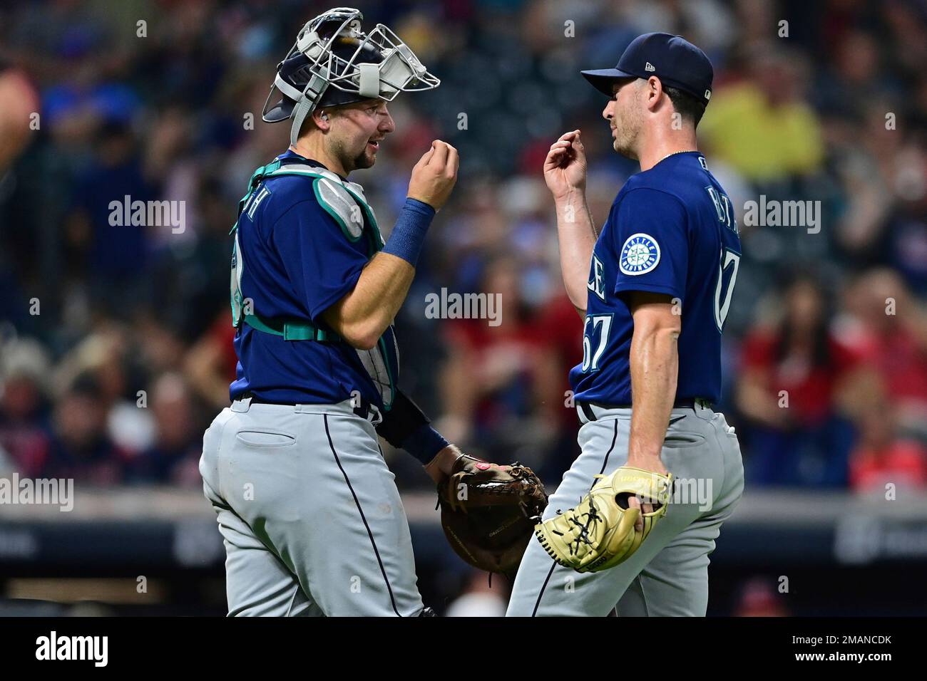 Seattle Mariners relief pitcher Matthew Festa, right, and catcher Cal ...