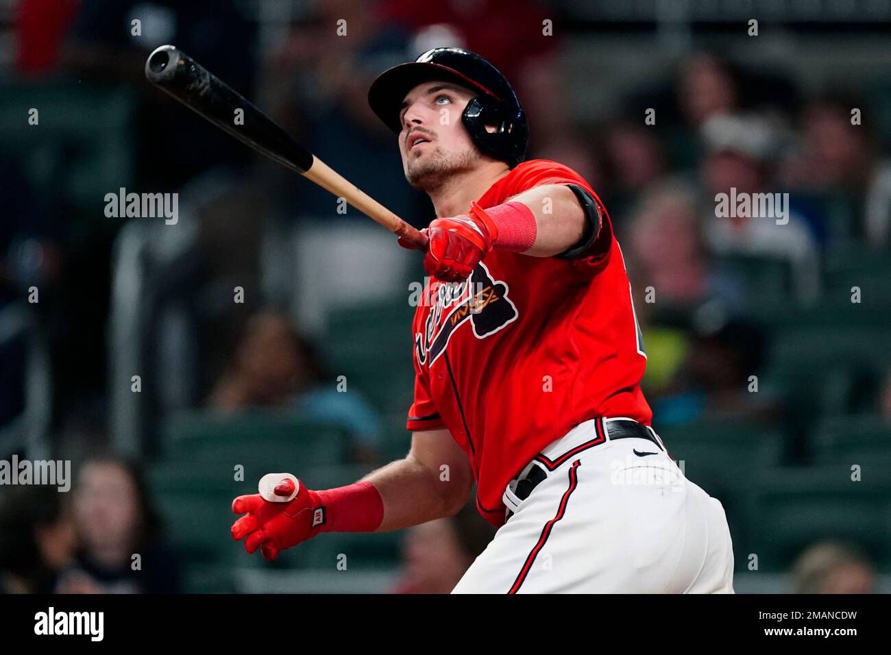 Atlanta Braves' Austin Riley watches his solo home run in the seventh ...