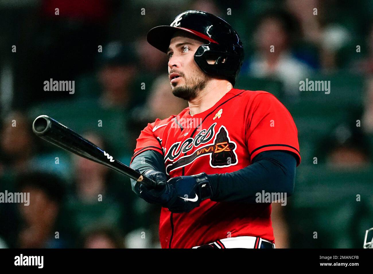 Atlanta Braves catcher Travis d'Arnaud (16) hits a home run in the ...