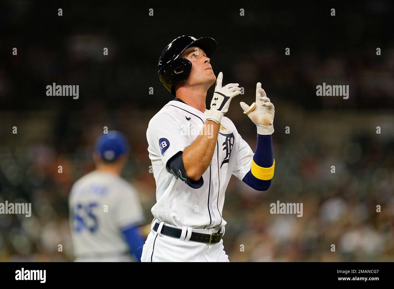 Detroit Tigers' Kerry Carpenter reacts after being hit by a pitch ...