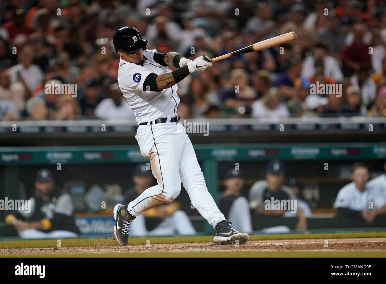 Detroit Tigers' Javier Baez hits a two-run home run against the Kansas ...