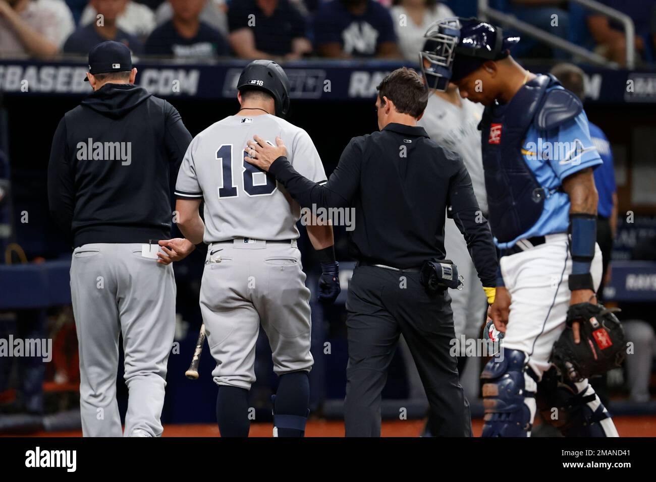 New York Yankees' Andrew Benintendi, who was batting, leaves the team's ...