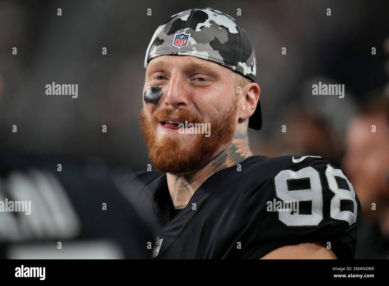FILE - Las Vegas Raiders defensive end Maxx Crosby (98) stands on the ...