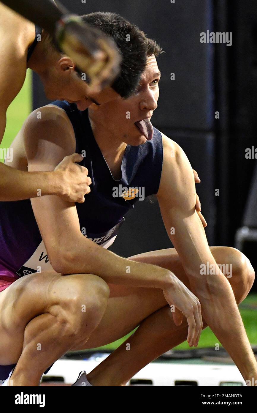 Britain's Jake Wightman, right, reacts after winning the men's 800m ...