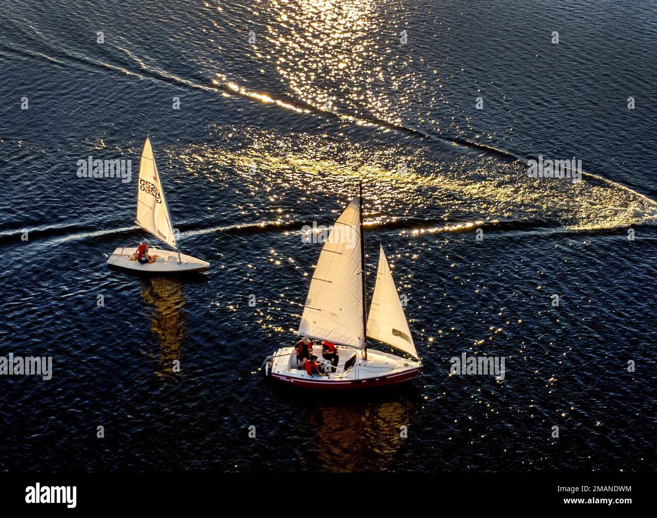 Boats sail on a small lake in Kahl near Frankfurt, Germany, Friday, Sep ...
