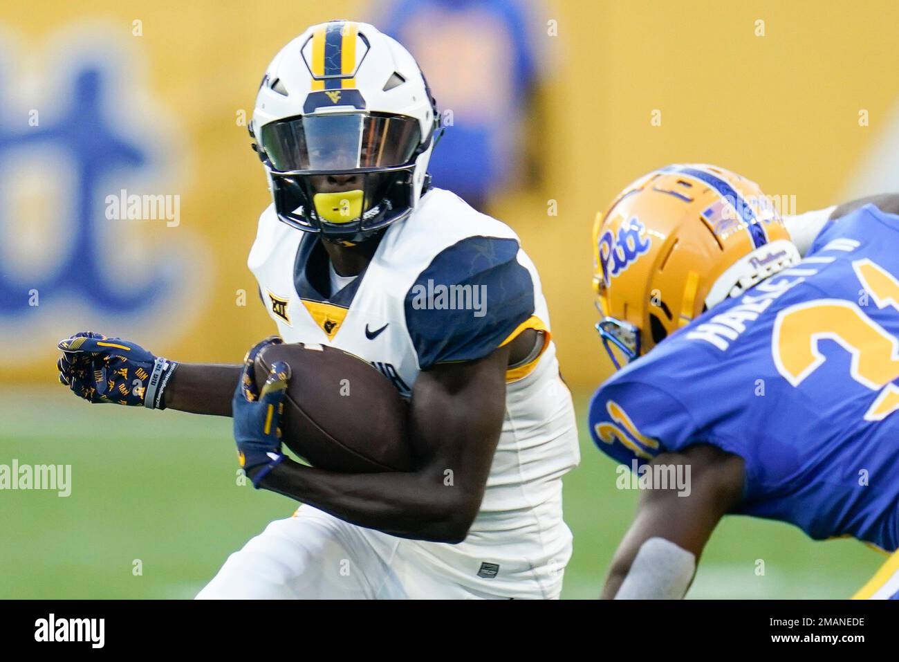 West Virginia wide receiver Sam James (13) plays against Pittsburgh ...