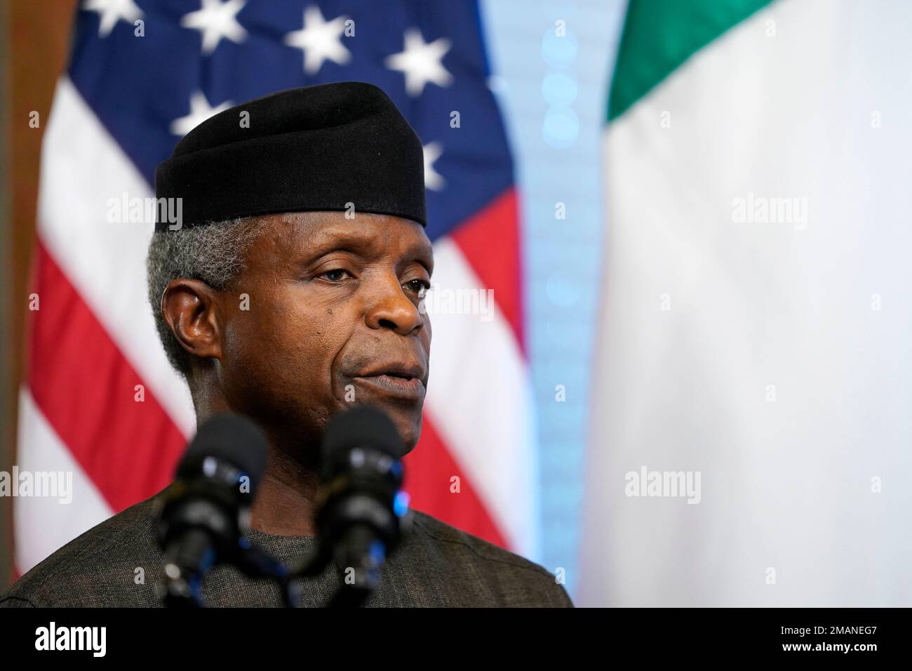 Nigeria's Vice President Yemi Osinbajo speaks during a meeting with Vice President Kamala Harris ...