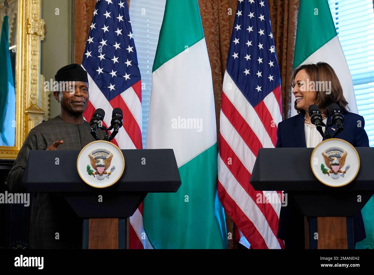 Vice President Kamala Harris, right, meets with Nigeria's Vice President Yemi Osinbajo, left, in ...