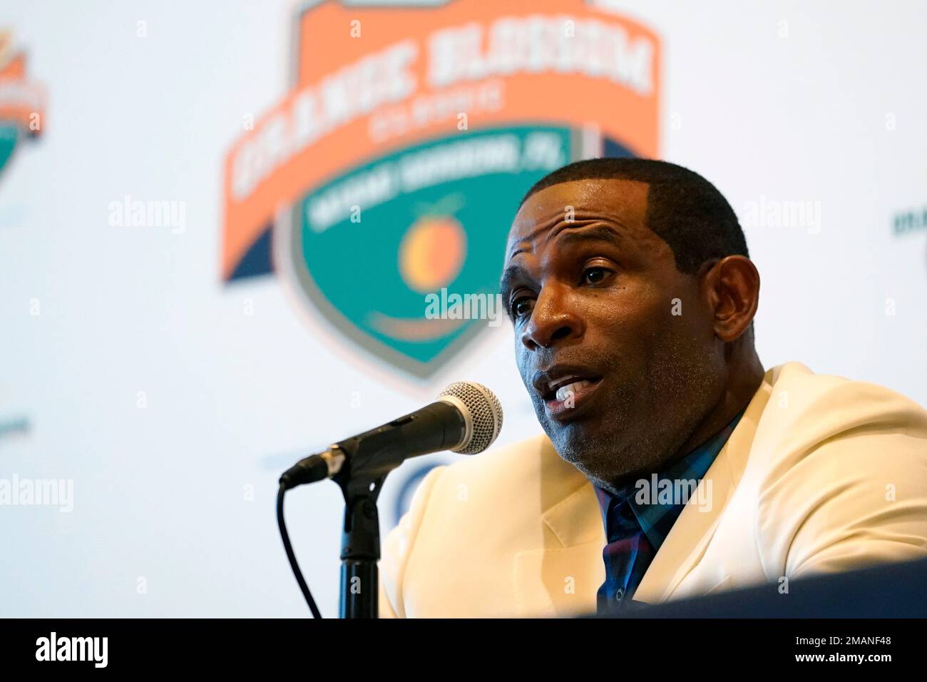 Jackson State head football coach Deion Sanders speaks during a news ...