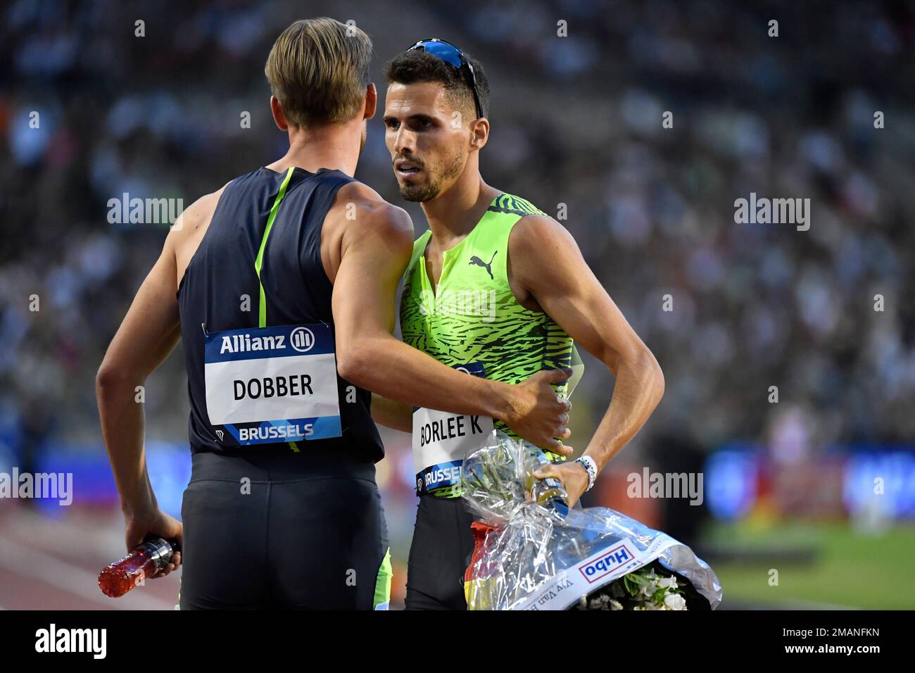 Belgium's Kevin Borlee, right, is congratulated after winning the men's ...