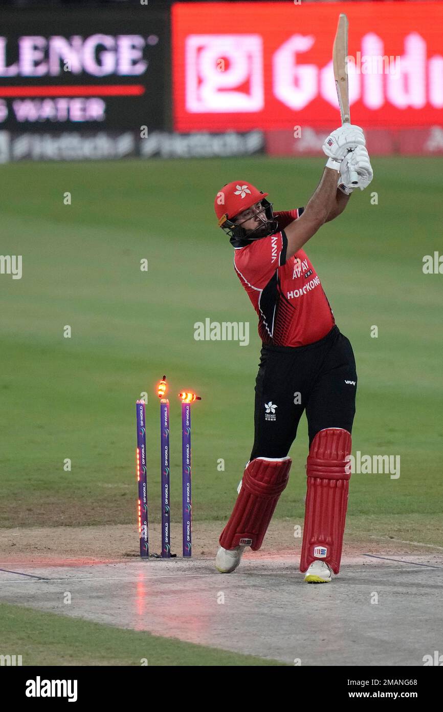 Hong Kong's Babar Hayat is bowled out by Pakistan's Naseem Shah during the T20 cricket match of ...