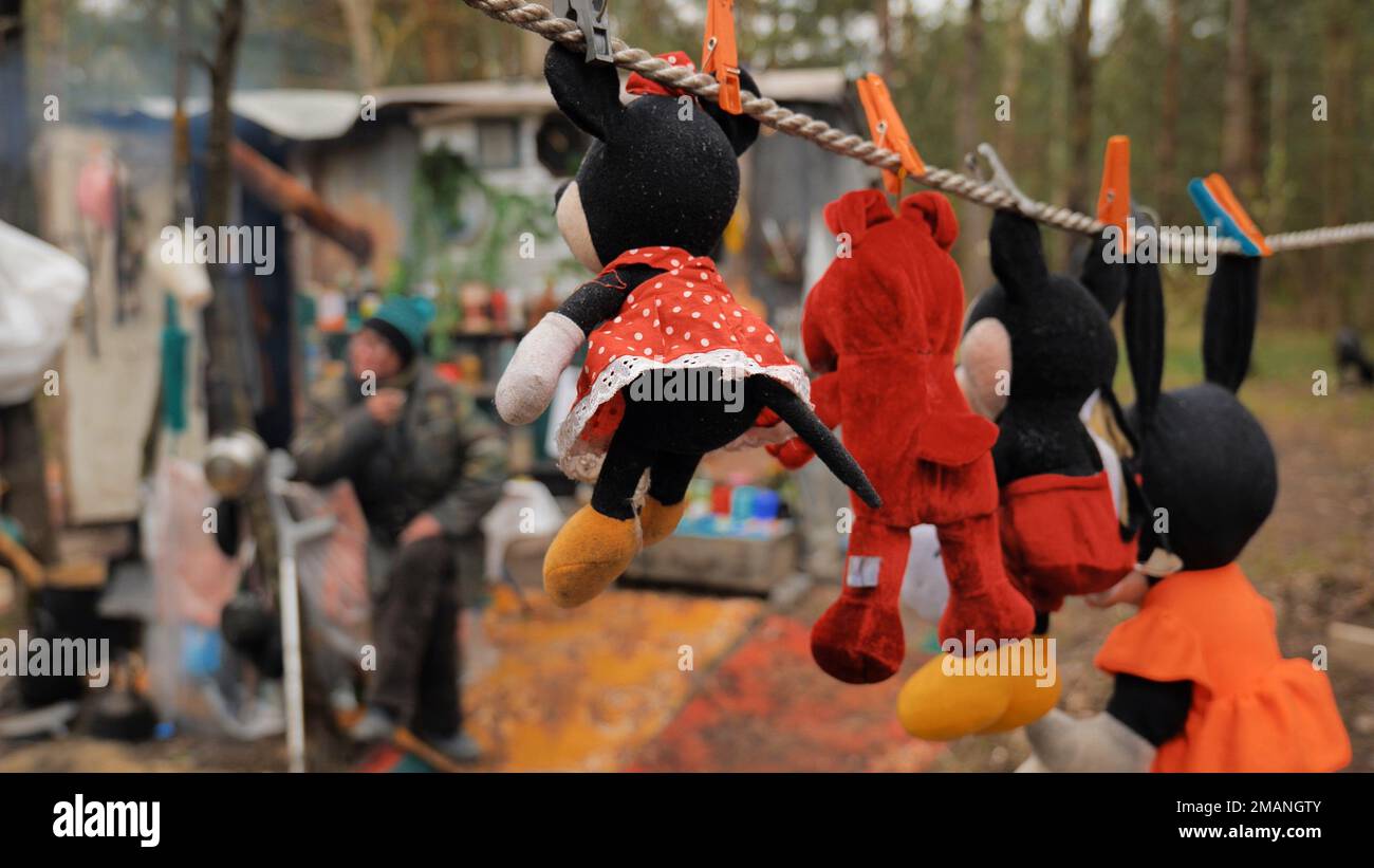 Stuffed toys are dried by homeless people in the forest Stock Photo - Alamy