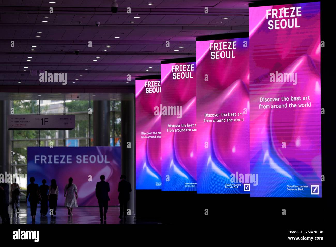 Signs of Frieze Seoul, the high-end art fair, are displayed outside of exhibition halls in Seoul ...