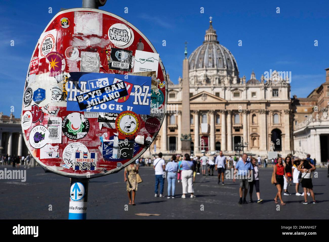 A no entry sign settled in front of St. Peter's Square is covered by ...