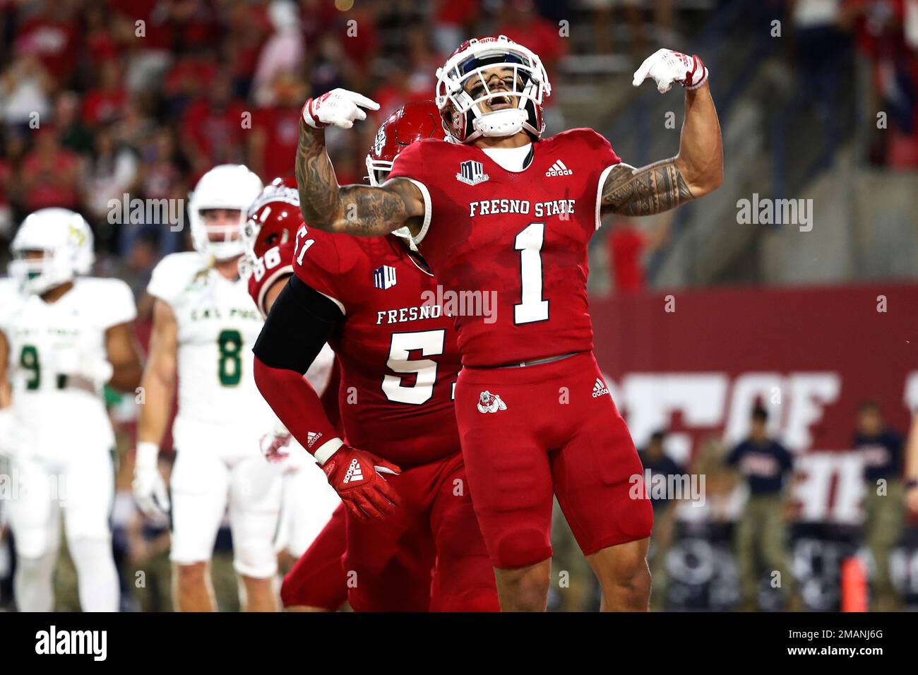 Fresno State wide receiver Nikko Remigio celebrates a touchdown against ...
