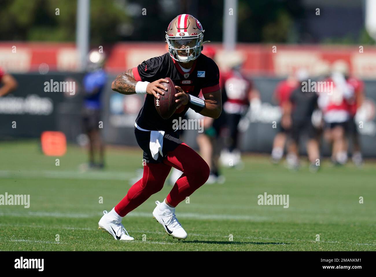 San Francisco 49ers' Trey Lance takes part in drills at the NFL ...