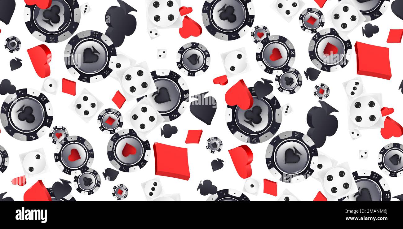 Falling card suit symbols icons, poker chips and dice cubes on white ...