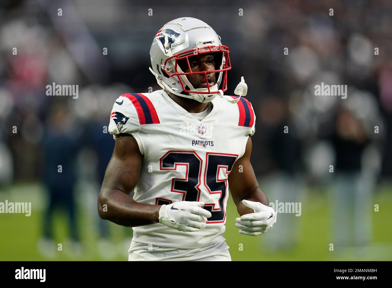 New England Patriots running back Pierre Strong Jr. (35) stands on the ...