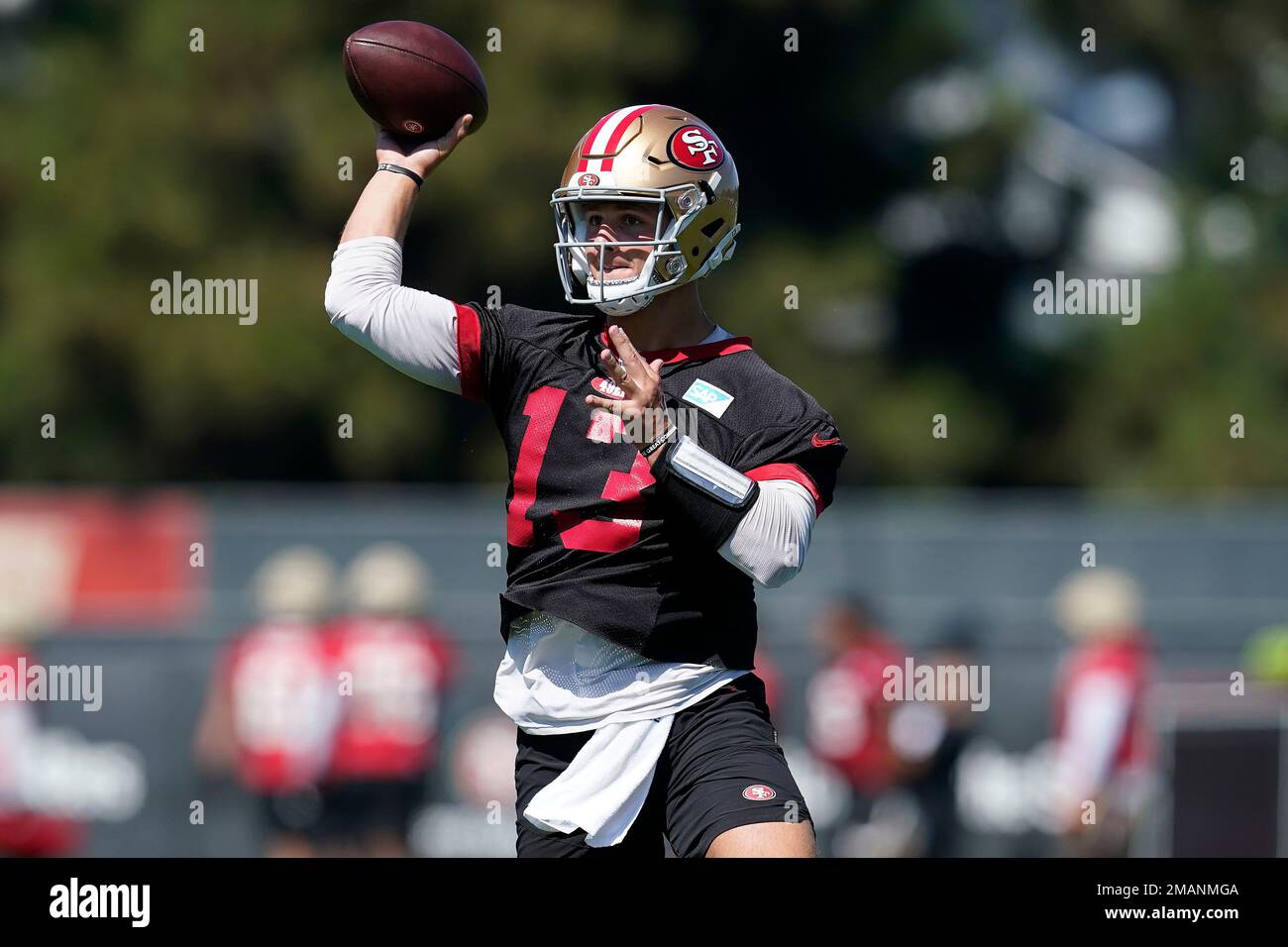 San Francisco 49ers quarterback Brock Purdy takes part in drills at the ...