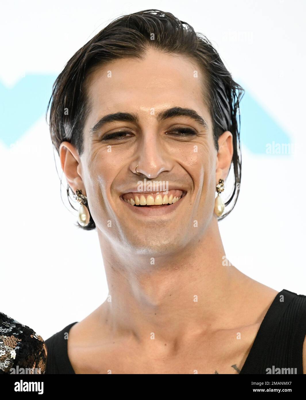 Singer Damiano David of Maneskin poses in the press room at the MTV ...