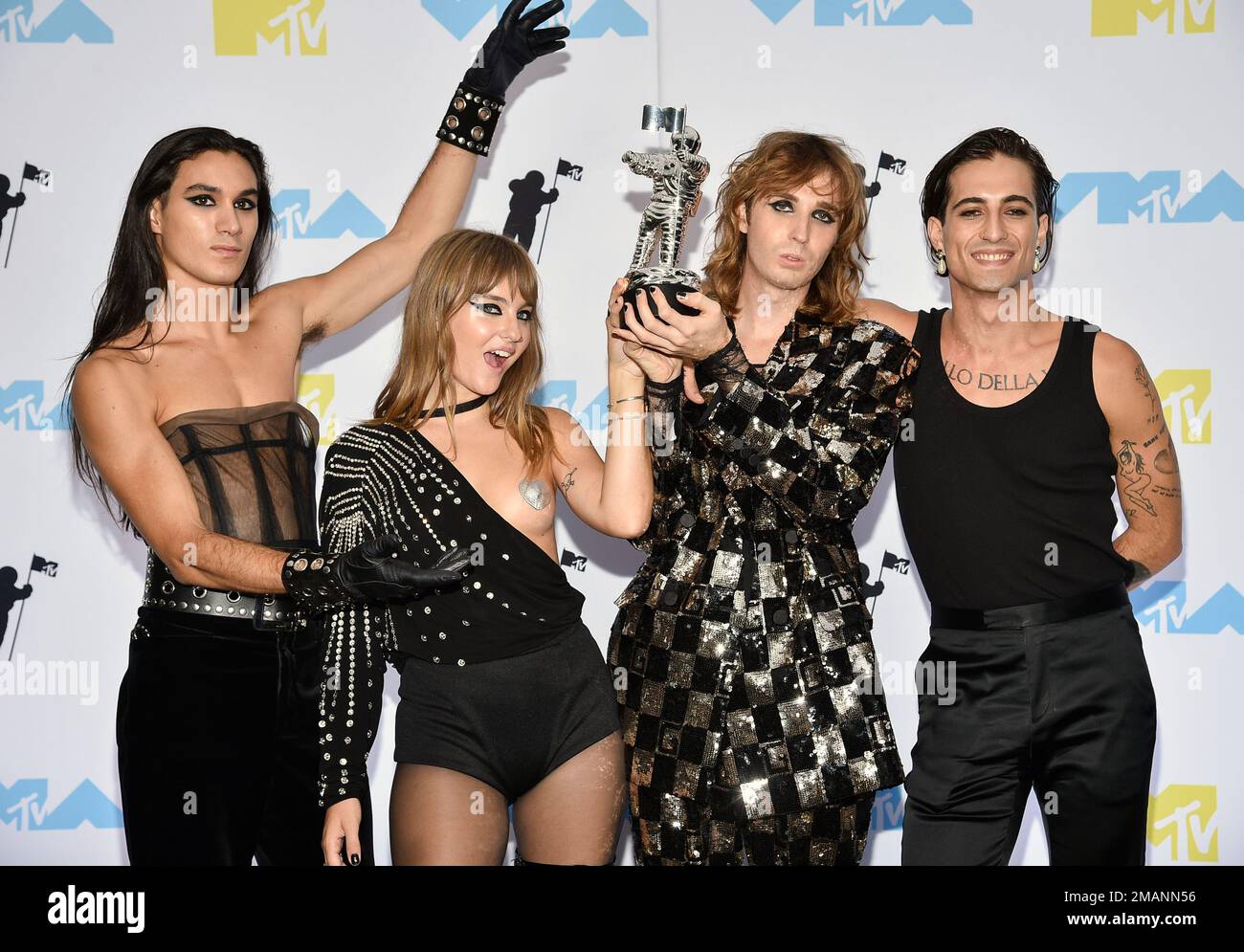 Ethan Torchio, from left, Victoria De Angelis, Thomas Raggi and Damiano David, of Maneskin ...