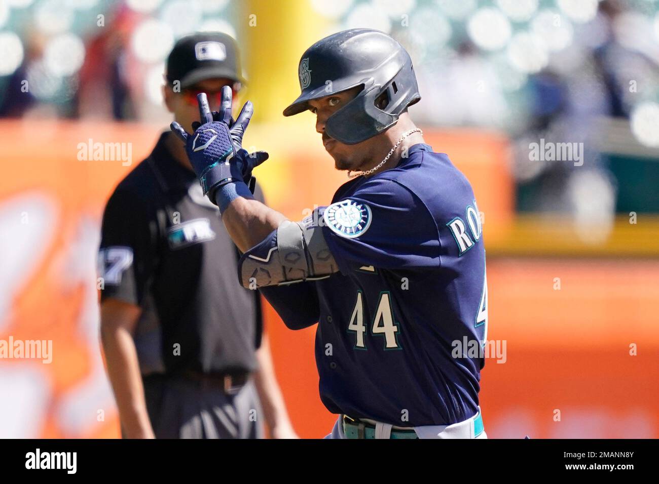 Seattle Mariners center fielder Julio Rodriguez rounds third base after ...